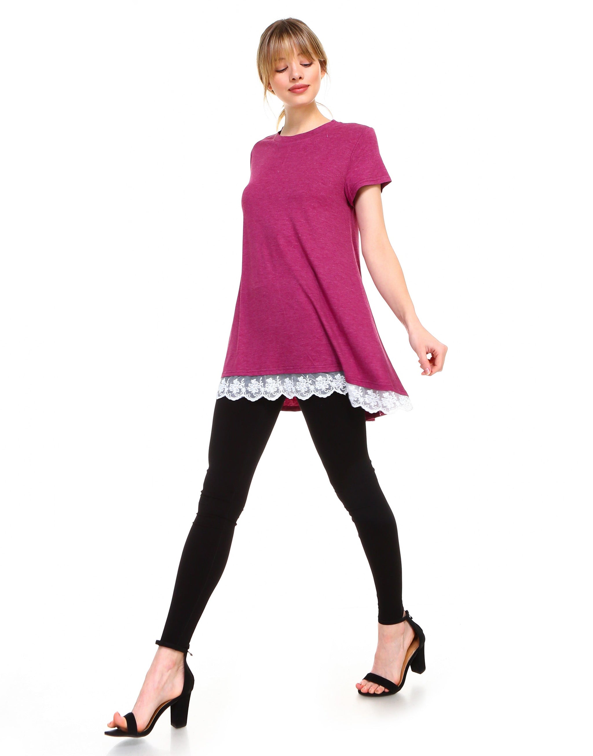 Women lace trim short sleeve casual flare tunic tops cotton blend ...