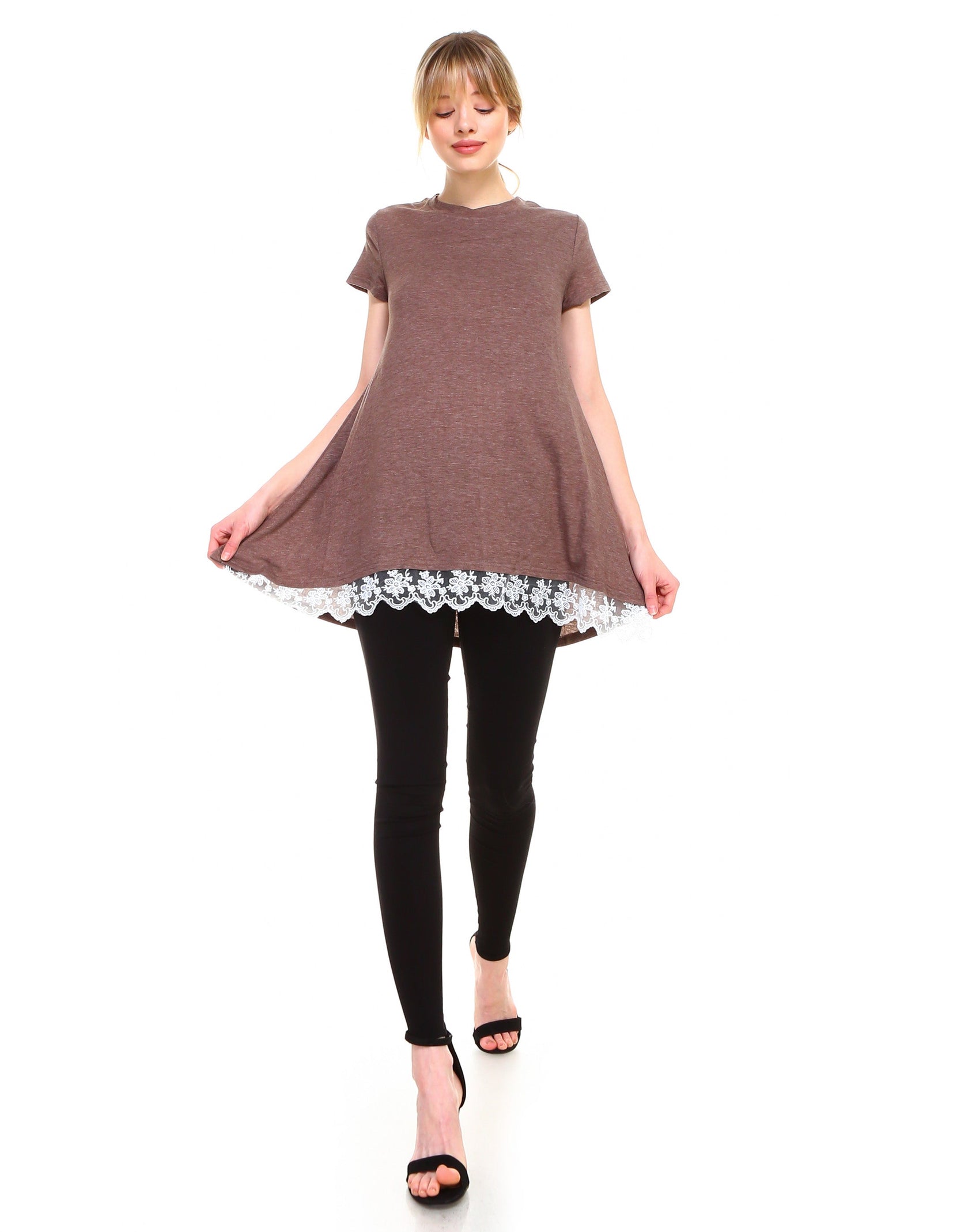 Women lace trim short sleeve casual flare tunic tops cotton blend ...