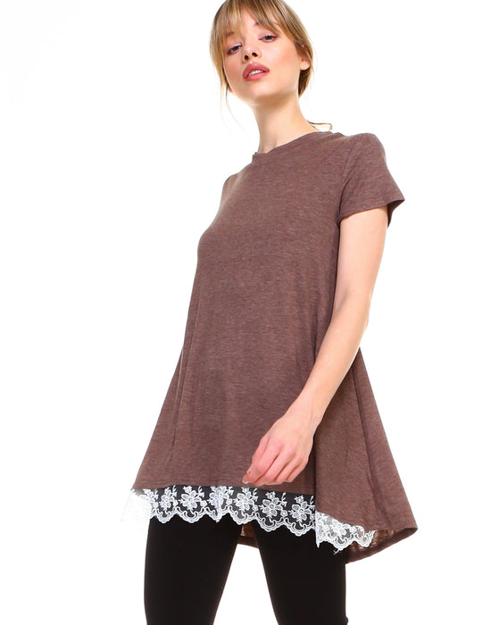 Women lace trim short sleeve casual flare tunic tops cotton blend ...