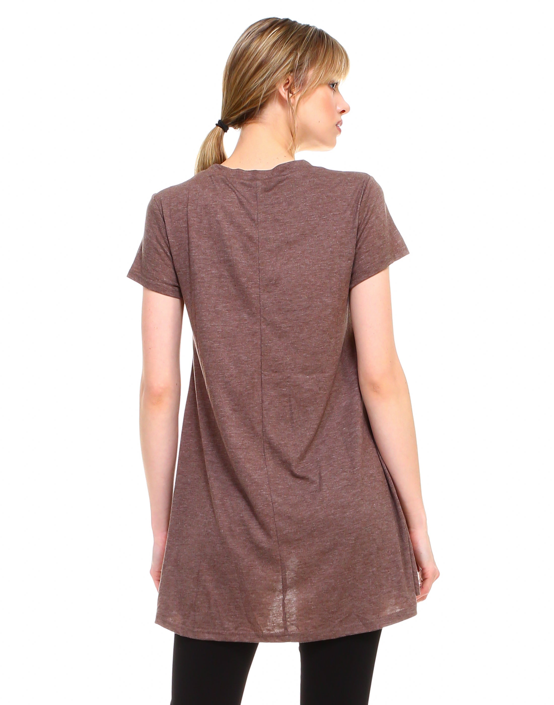 Women lace trim short sleeve casual flare tunic tops cotton blend ...